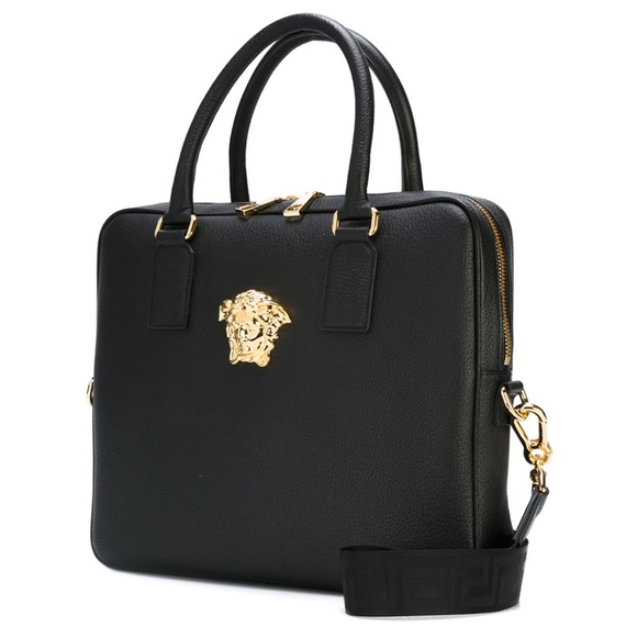 Versace | Bags | Versace Laptop Briefcase Bag Black Leather With Gold ...